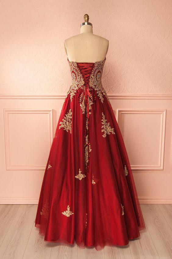 P1286 Red Sweetheart Neck Lace Applique Long Prom Dress, Red Evening ...