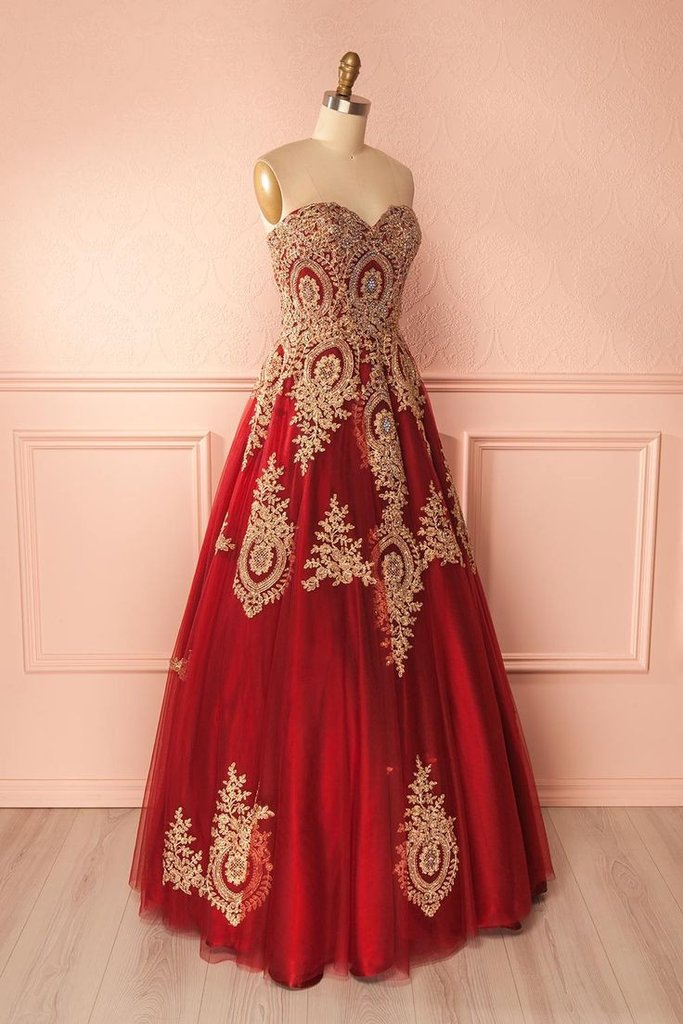 P1286 Red Sweetheart Neck Lace Applique Long Prom Dress, Red Evening ...